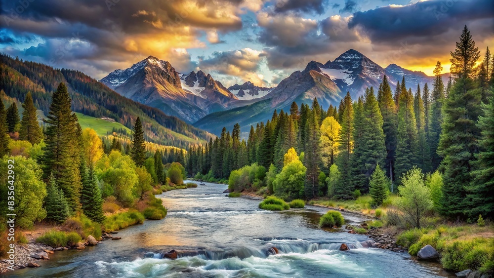 Imaginary of a Colorado National Forest landscape with mountains, trees ...