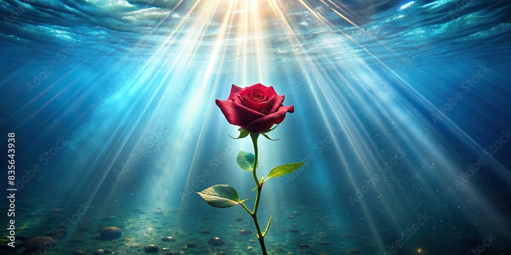 Oil painting of a single red rose growing under water dripping god ray ...