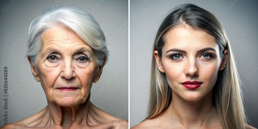 Split-image transformation showing young and elderly woman aging ...