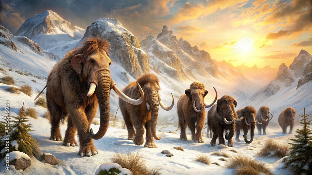 Stock photo of woolly mammoths migrating with cave men, prehistoric ...