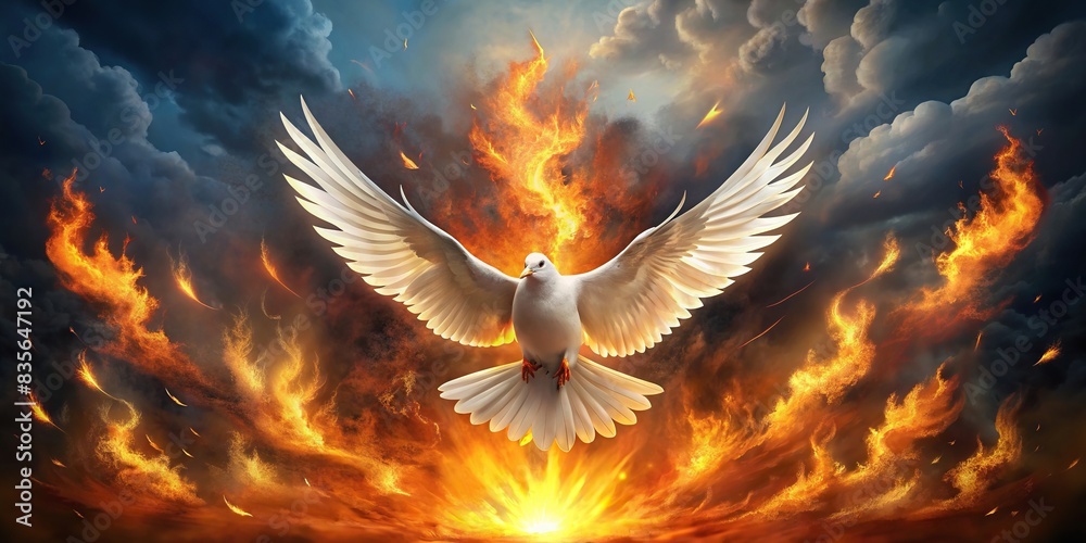 Digital painting of a burning fire with a white dove in the sky ...