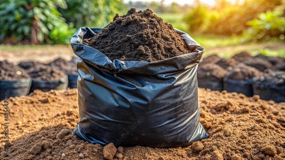 Black bag filled with dirt next to pile of dirt, black bag, dirt, soil ...