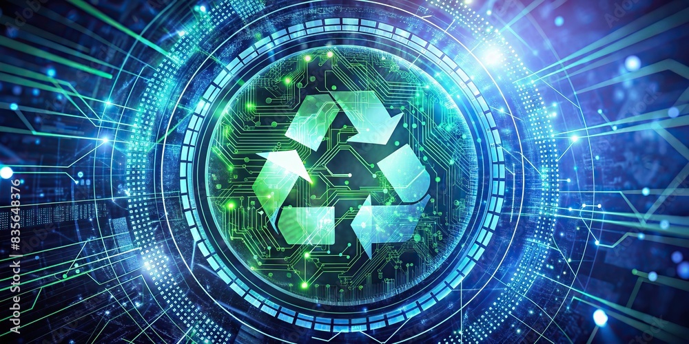 Themed recycling symbol surrounded by generative technology for waste management in a circular ...