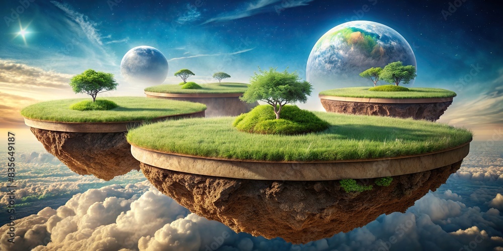 Round soil layers floating in a fantasy landscape , soil, layers ...