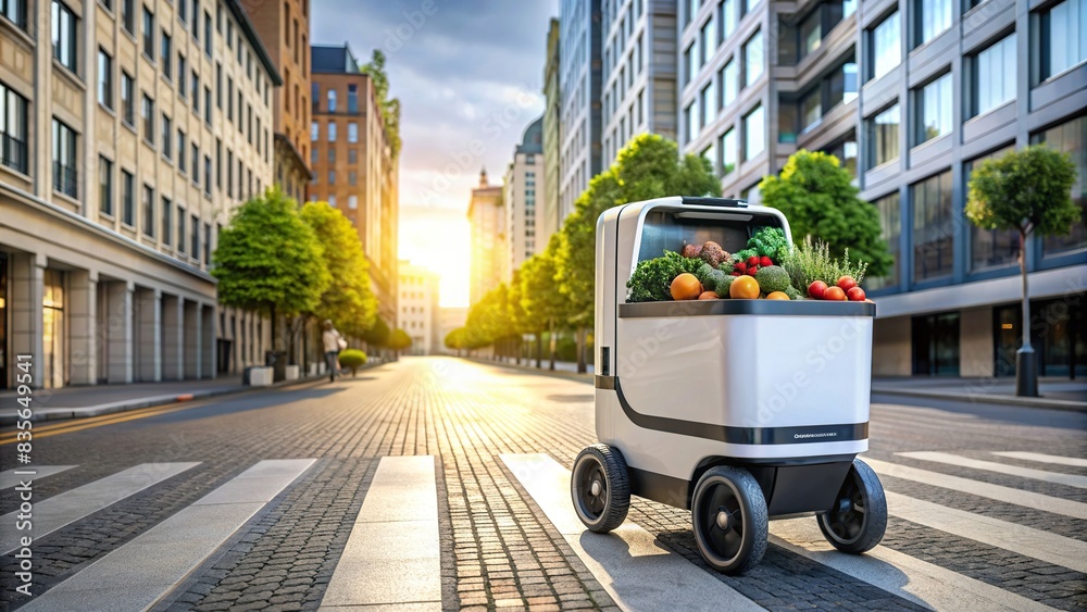Modern automated food delivery robot navigating city streets for ...
