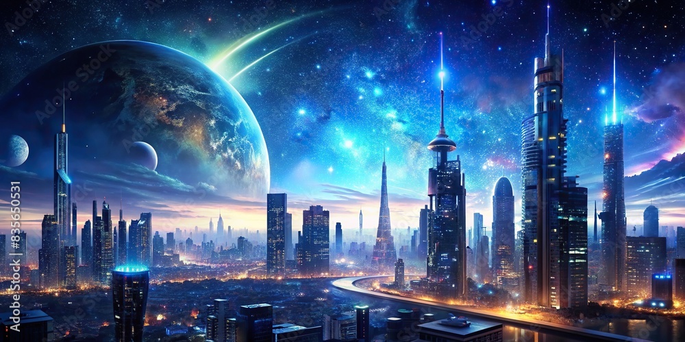 Futuristic night cityscape blending with outer space elements , technology, urban, future ...