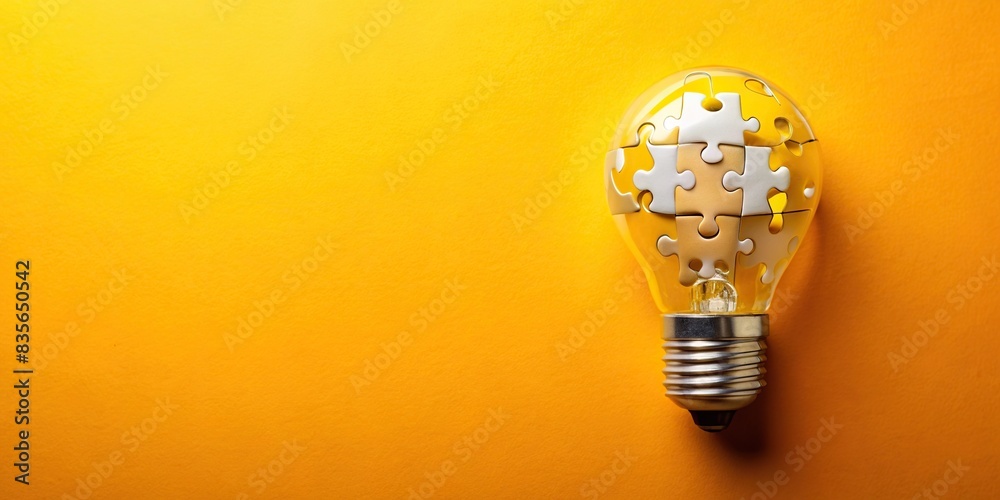 Light bulb made out of puzzle pieces on yellow background with copy ...