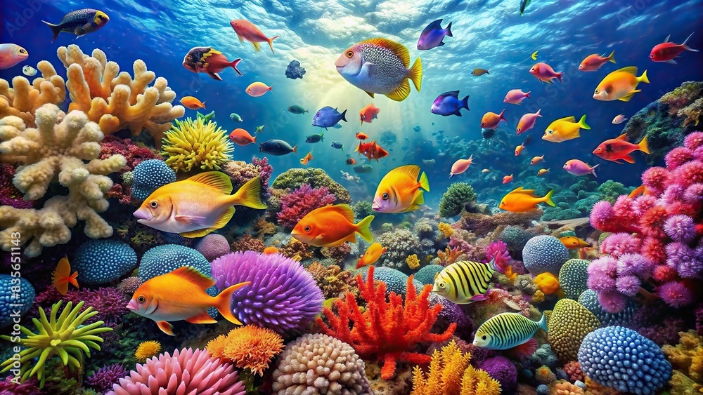 Vibrant coral reef bustling with colorful marine creatures, captured in ...