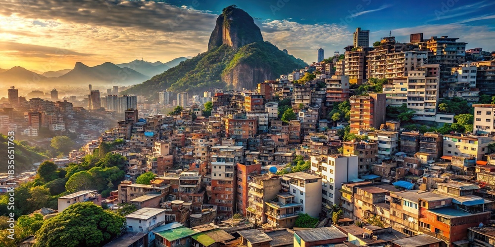 Stockillustratie Dystopian cyberpunk favela skyline in Rio de Janeiro ...