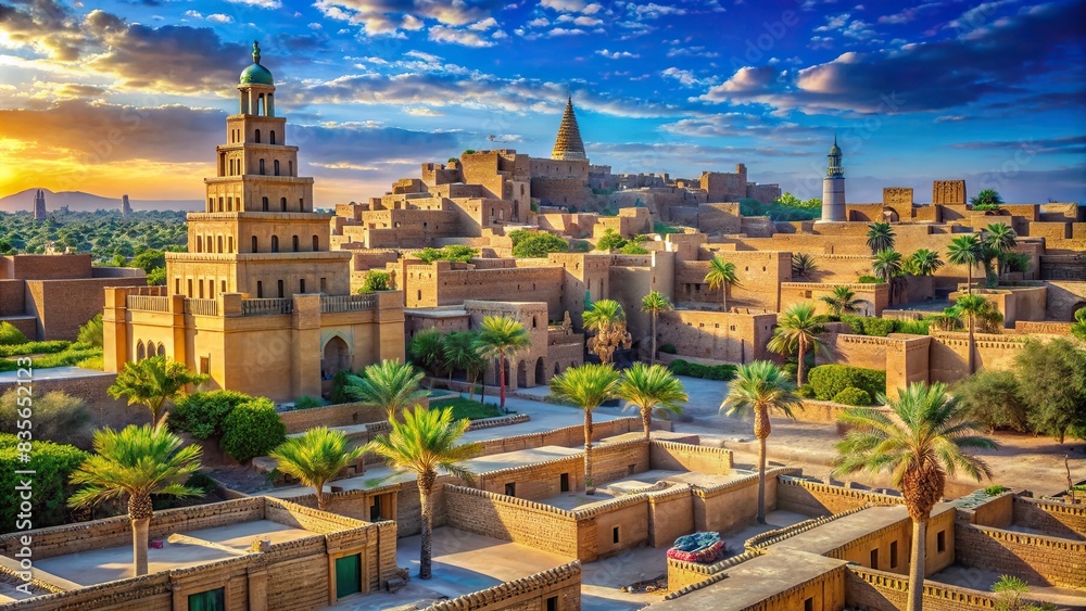 Ancient city of Babylon with Tower of Babel and picturesque houses ...