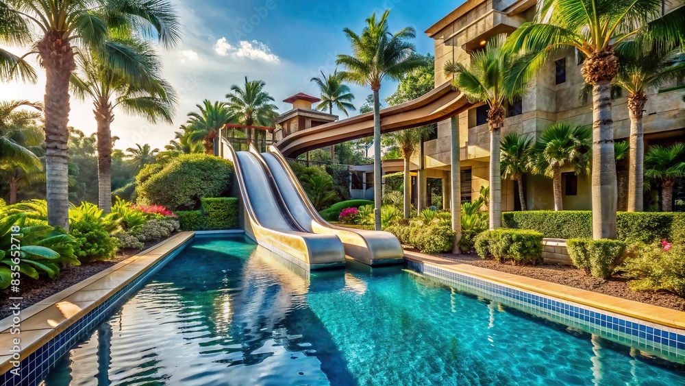 Water slide leading into luxurious hotel pool, vacation, travel, resort ...