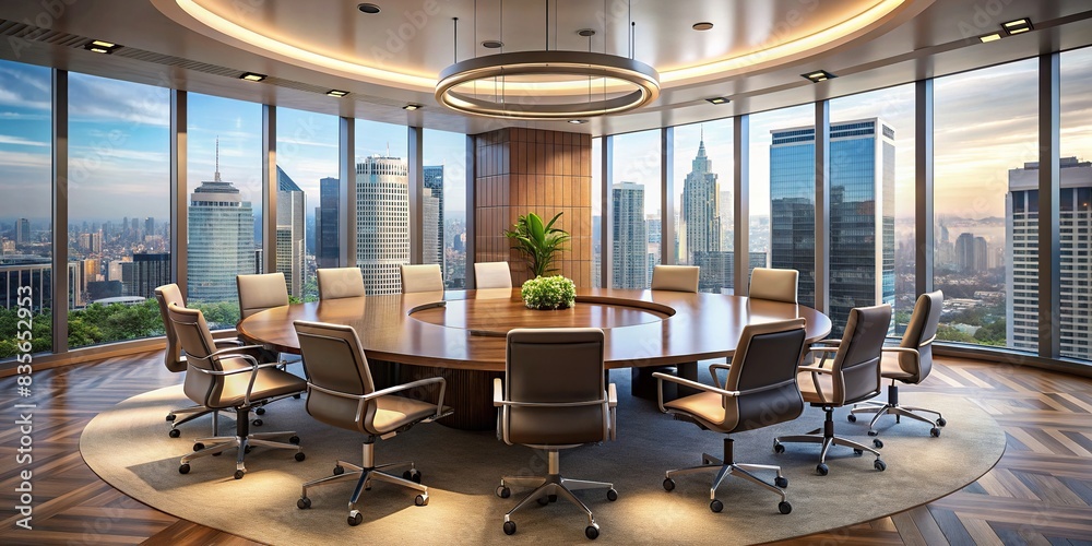 A modern conference room with a roundtable setup for leaders in a ...