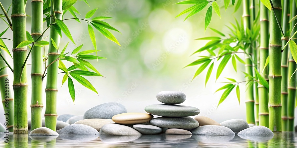 Tranquil zen garden scene featuring fresh green bamboo leaves against a ...