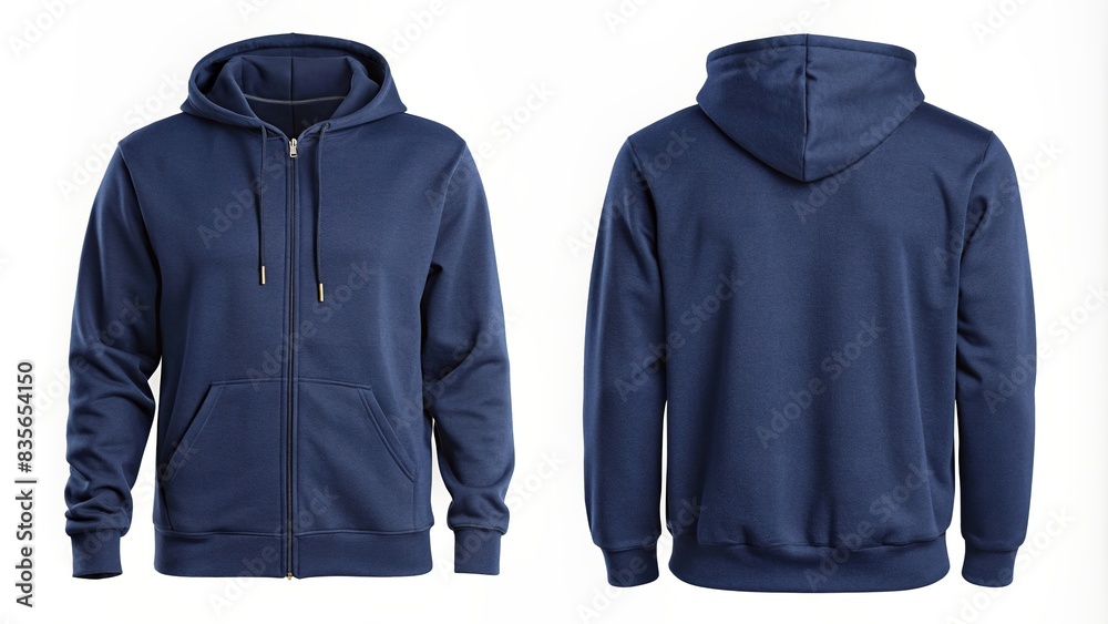 Front and back navy blue hoodie set isolated on white background for ...