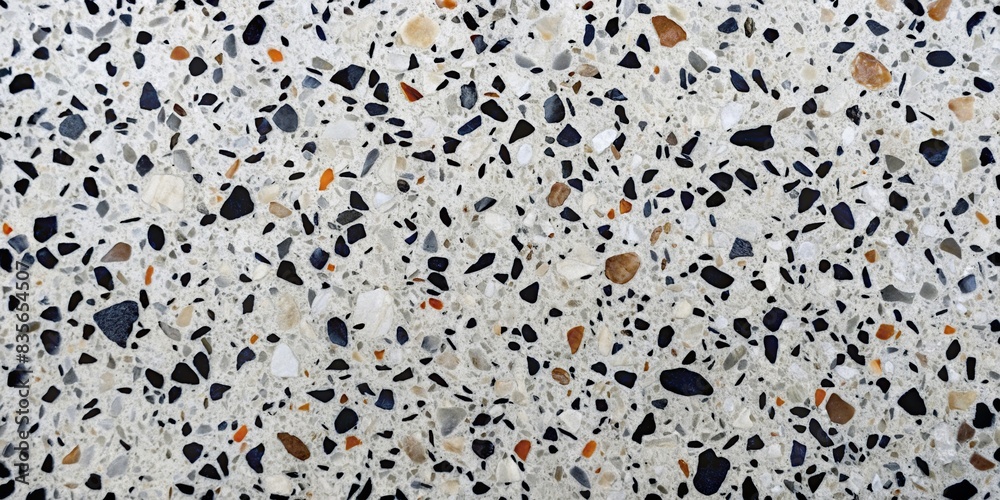 Polish white and black terrazzo table top texture, top view, black and ...