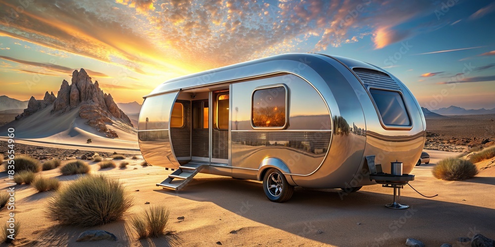 Futuristic caravan parked in the desert with generative art design ...