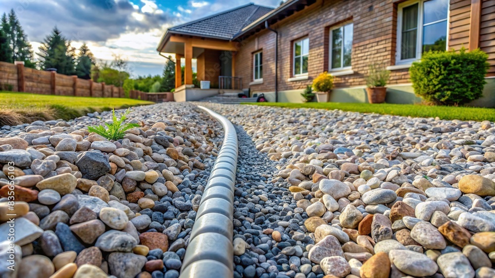 Stone and gravel installation for water drainage around house French ...