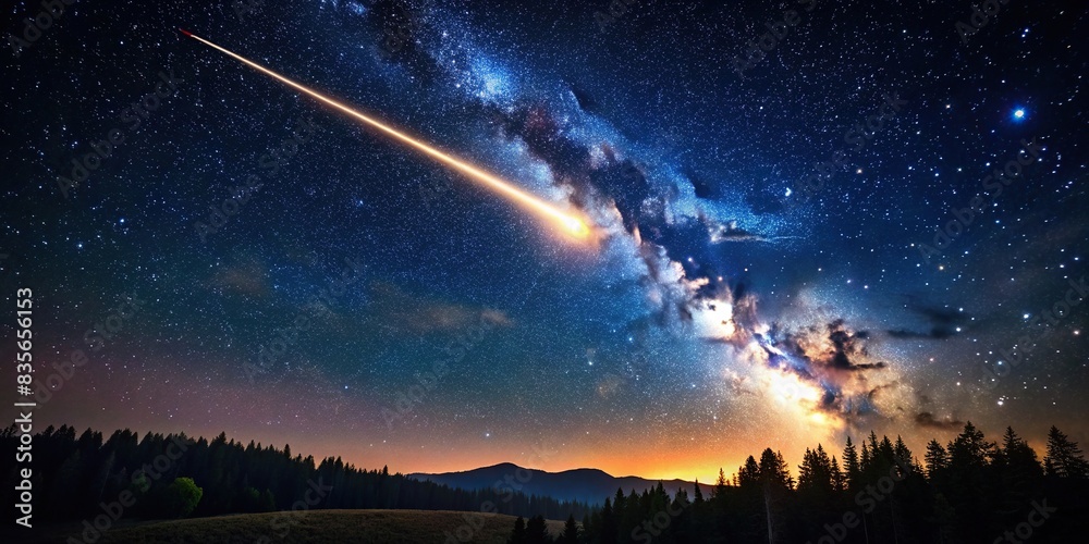 Shooting star streaking through dark sky in falling meteor trail ...