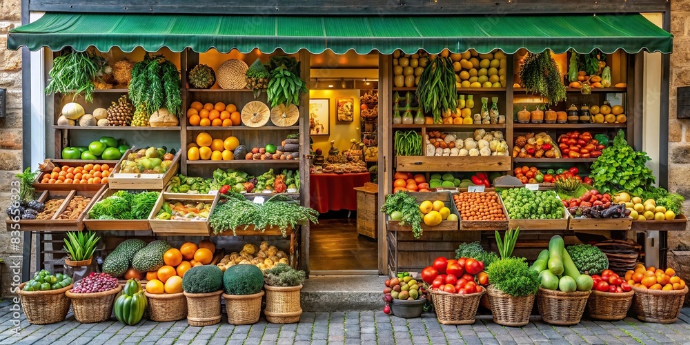 Organic vegetables and fruits shop front view with bio products ...
