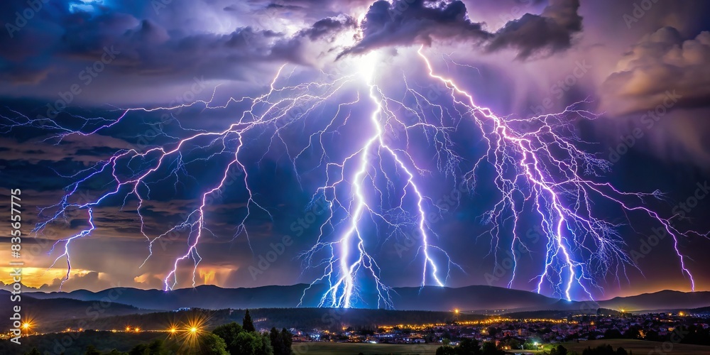 ภาพประกอบสต็อก Bright glowing lightning overlay on electrical thunder ...