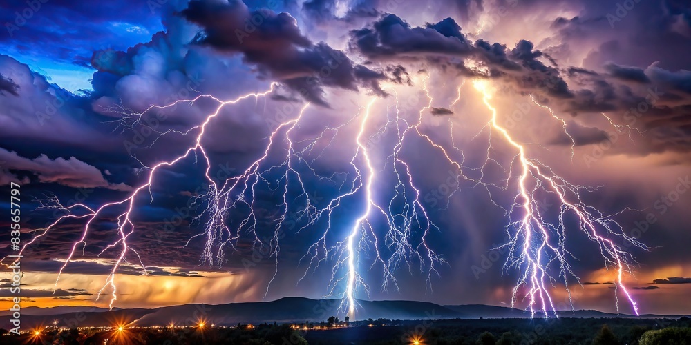 Bright glowing lightning overlay on electrical thunder storm, thunder ...
