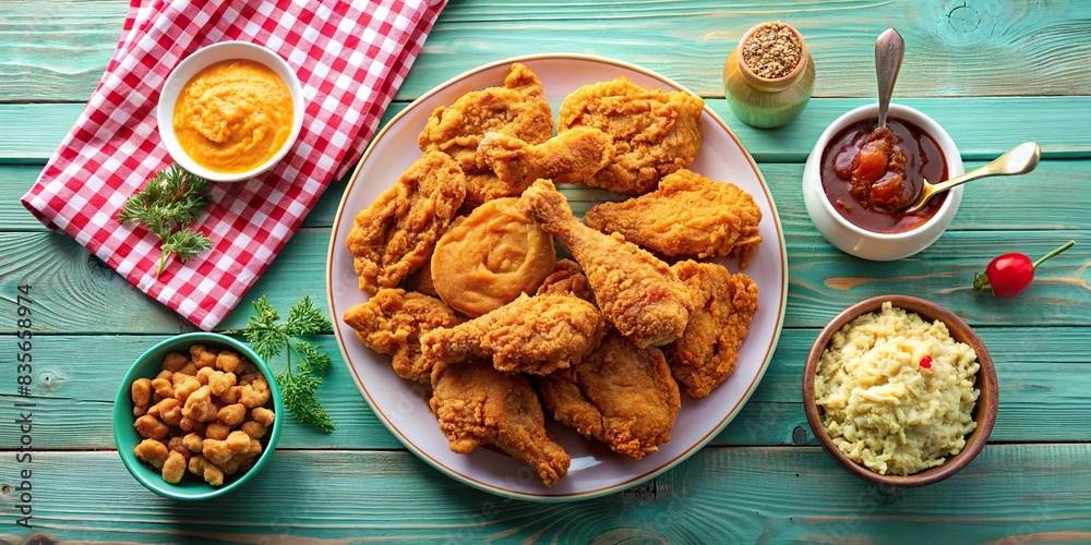 of top view fried chicken in flat design style with a southern cuisine ...