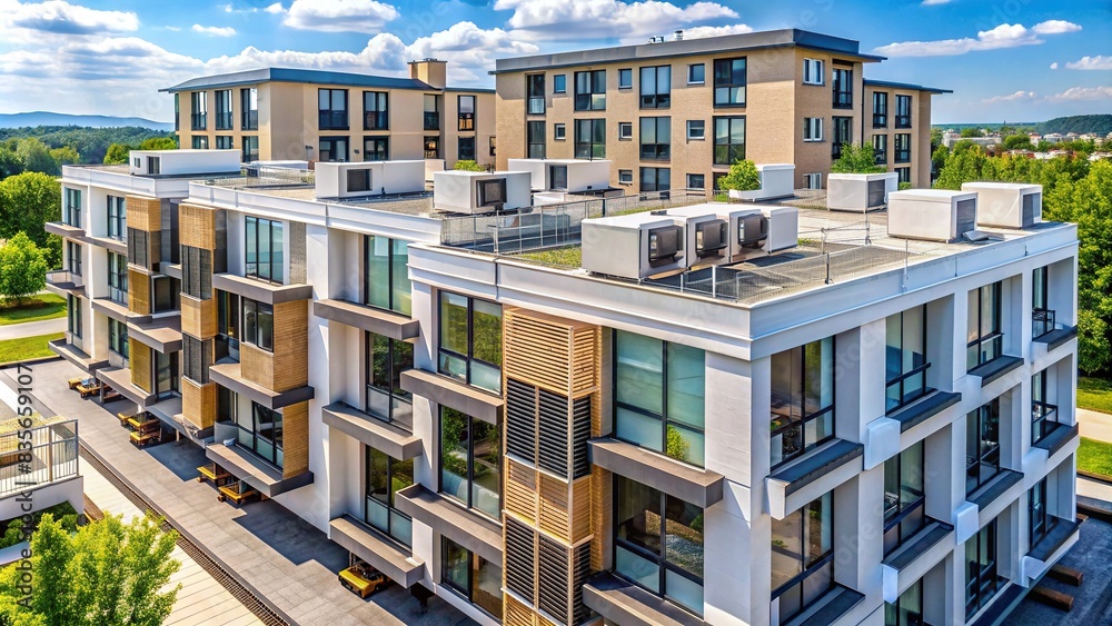 Modern apartment building with flat roof and air conditioners, part of ...