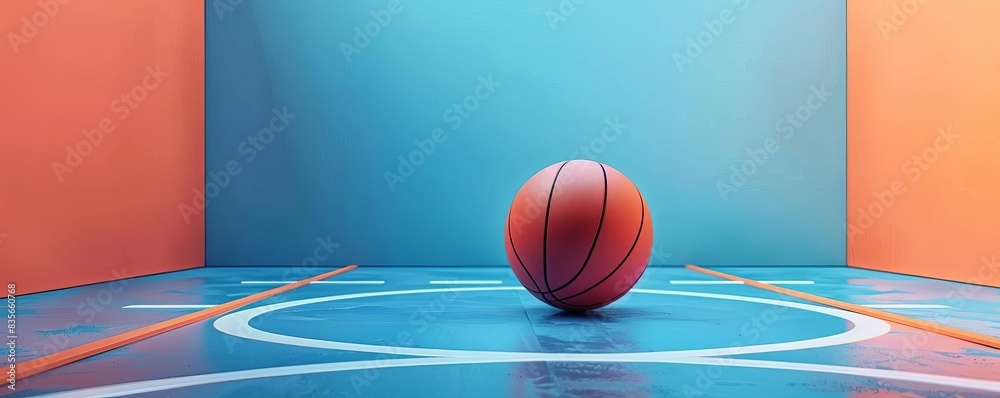 basketball going to the hoop, minimalistic background, orange and blue ...