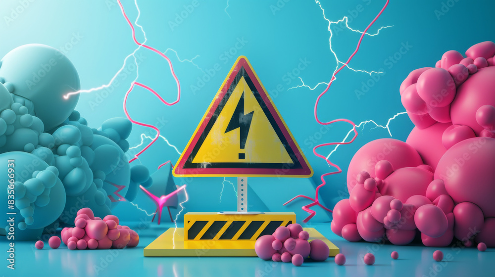 Yellow electrical hazard sign with lightning bolts against a vibrant ...