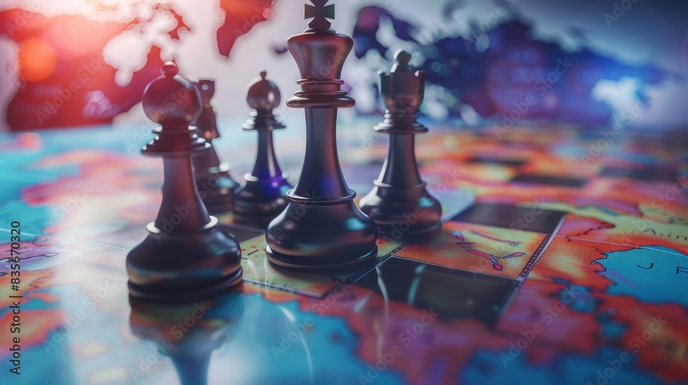 Chess pieces on world map with dramatic lights - A concept image of ...