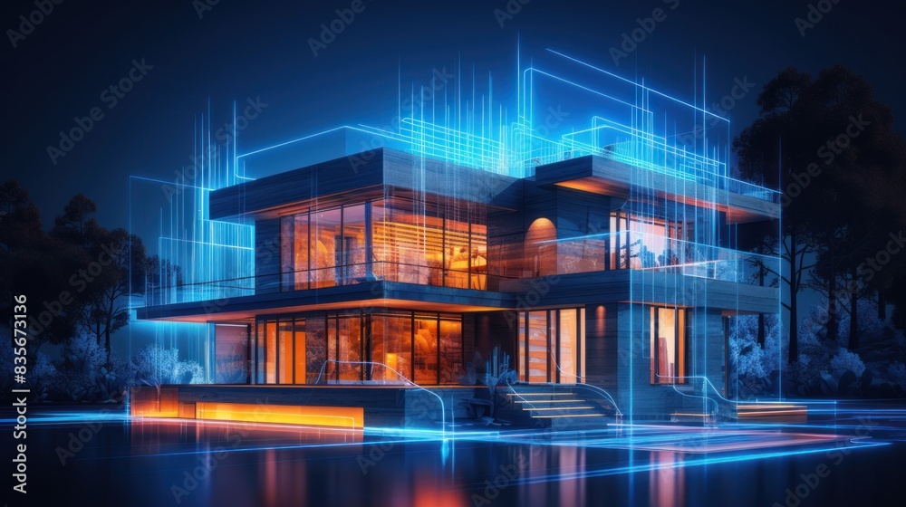 hologram, Sketch design and drafting of wireframe of building a modern ...