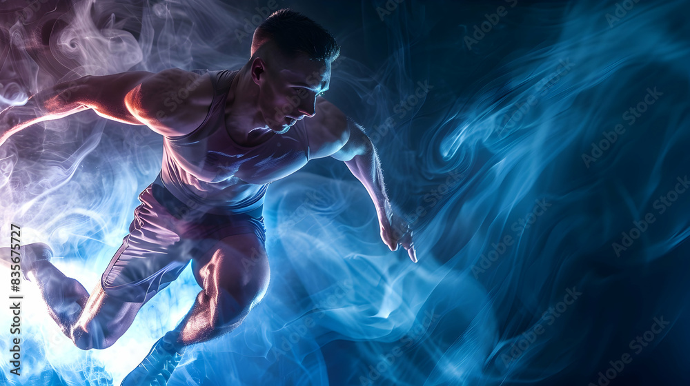 A male model in athletic gear, captured mid-jump in a dynamic action ...