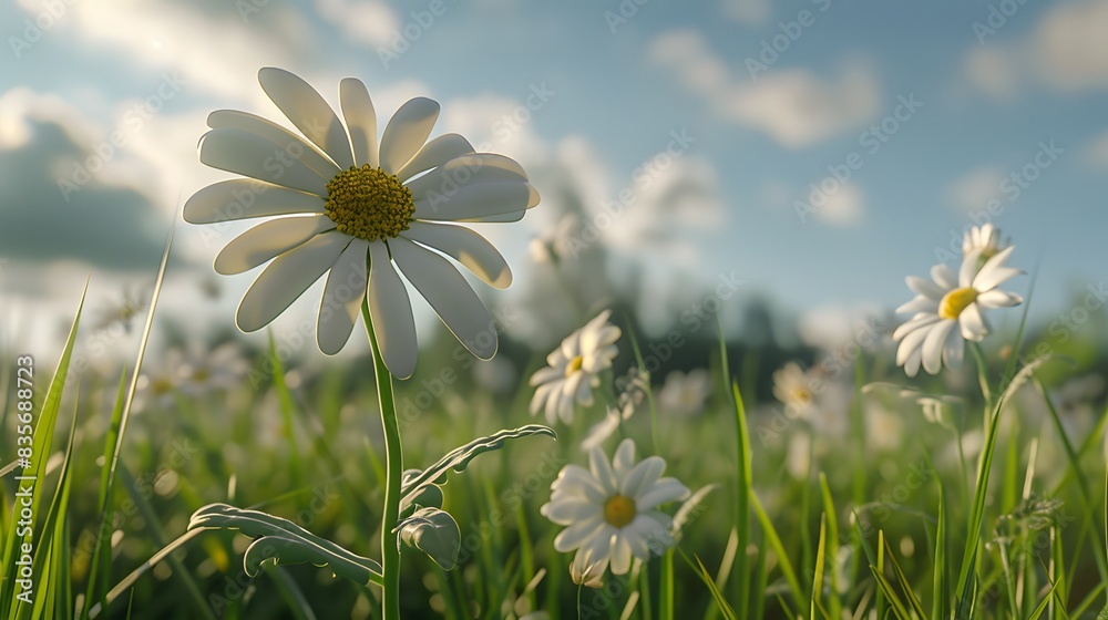 Wild daisy flowers growing on meadow. Leucanthemum vulgare, commonly ...