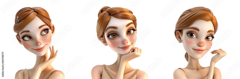 Set of 3d cartoon cute Young beauty woman pulled back hair makeup style ...