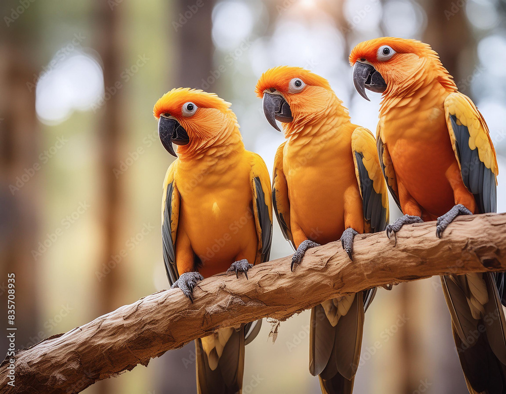 hermosos loros del sol que se posan en una rama de árbol en el bosque ...