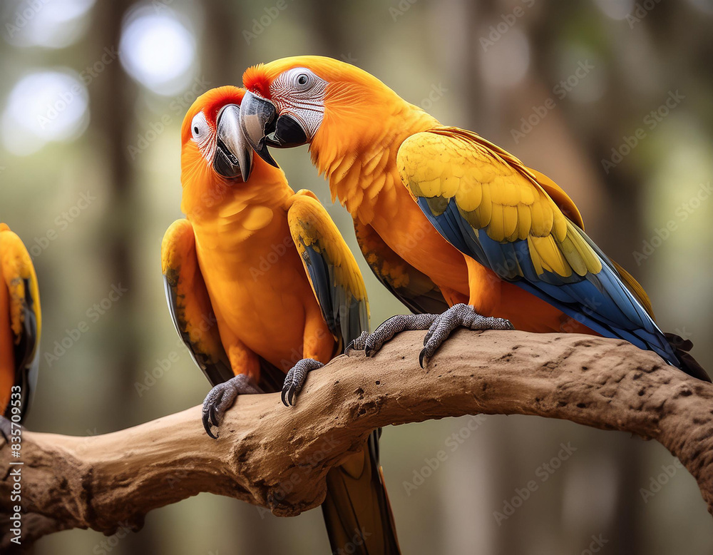 hermosos loros del sol que se posan en una rama de árbol en el bosque ...