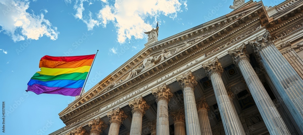 LGBT pride flag on classic Greek building. Trans gay lesbian gender ...