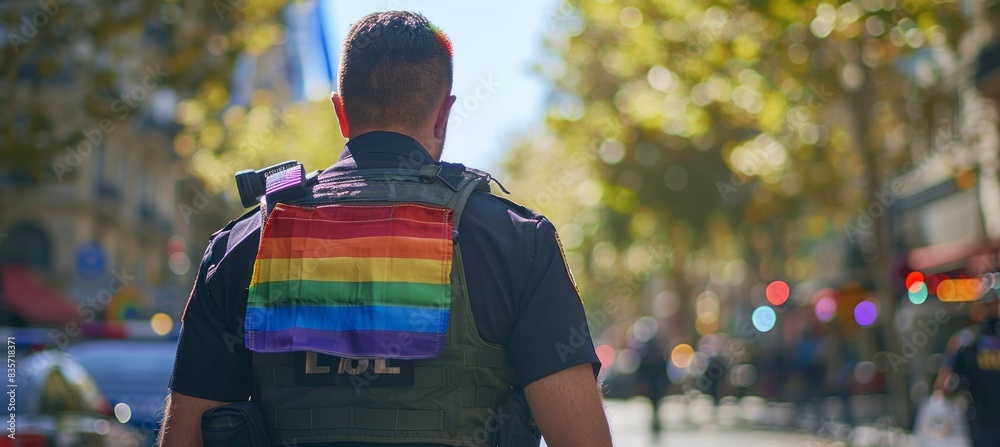 Back view police cop with rainbow flag on back. LGBT pride gender ...