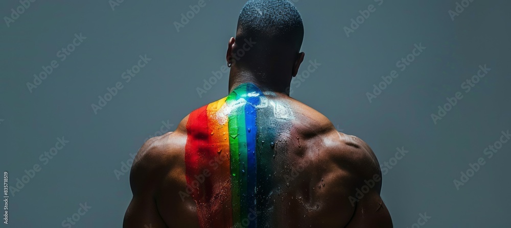 Muscular bodybuilder African Black American person with rainbow paint ...