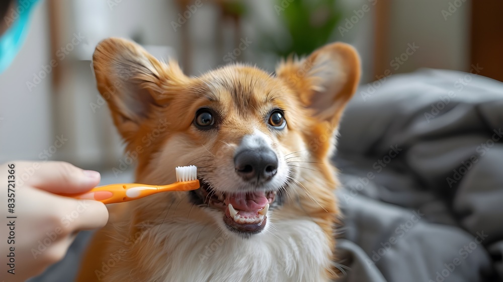 Cute corgi dog brushing teeth at home or vet background, mouth open in ...