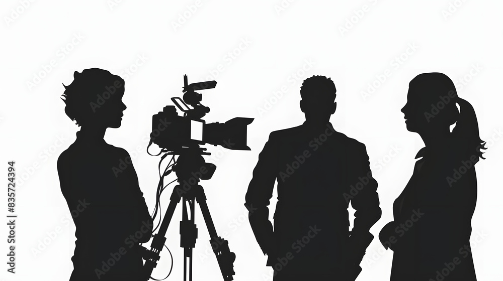 Journalist News Reporter Interview with camera crew vector silhouette ...