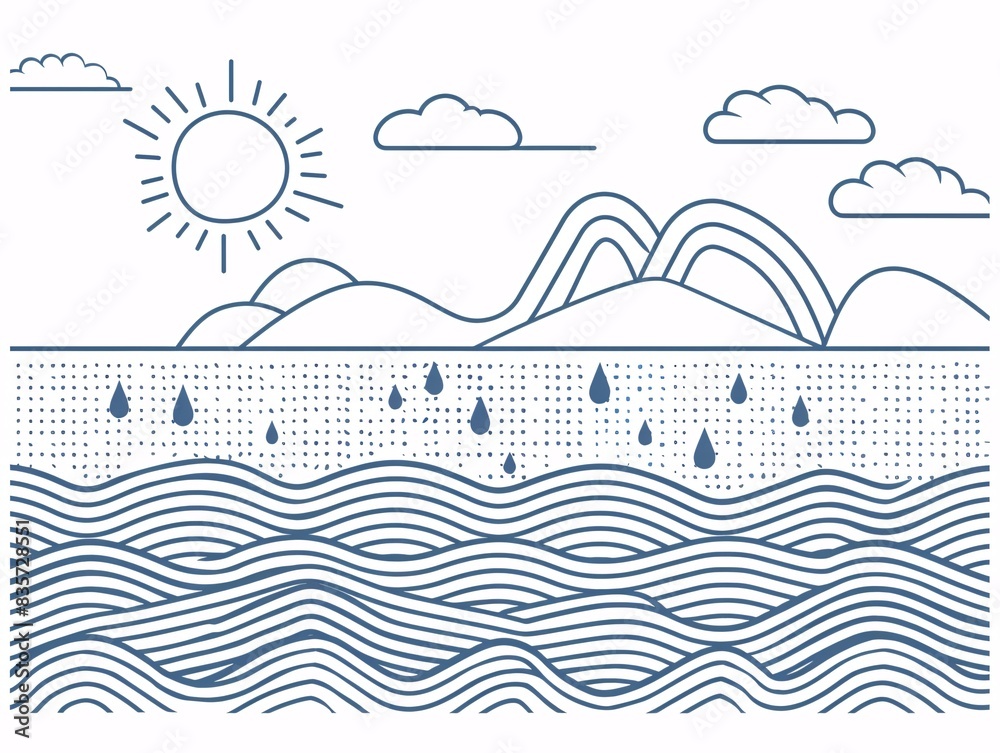 A minimalist line art illustration of the water cycle in a 4:3 aspect ...