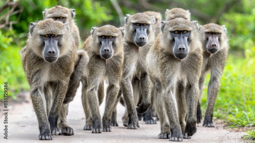 A group of baboons strolls along a road, faced by another troop idly ...