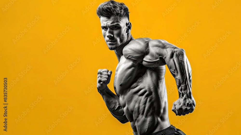 black and white male fitness model with lean muscle making an energetic ...