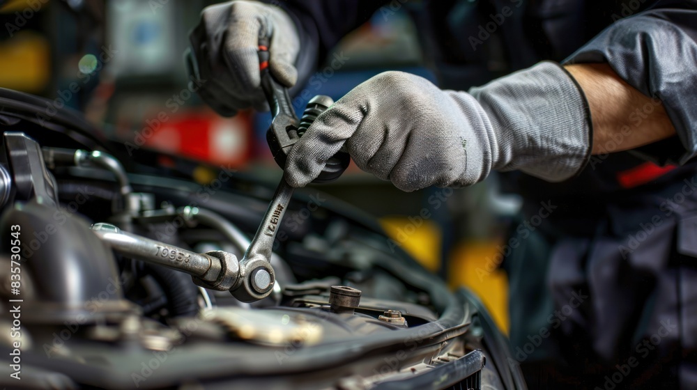 Professional car mechanic using a wrench to work on the engine of the ...