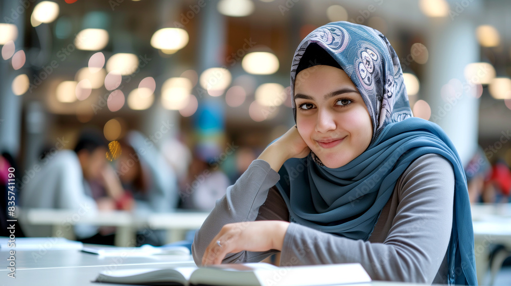 happy smiling arab woman in university wearing abaya, hijab. Islamic ...