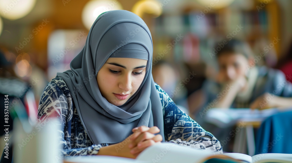female woman in university wearing abaya, hijab. Islamic girl studying ...