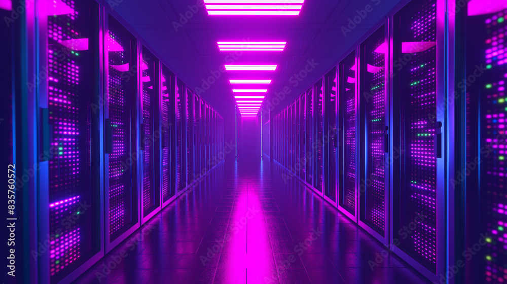 3D illustration of a data center. Cluster of powerful servers running ...