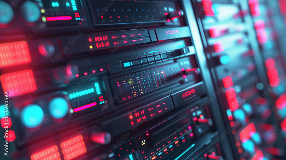 3D illustration of a data center. Cluster of powerful servers running ...