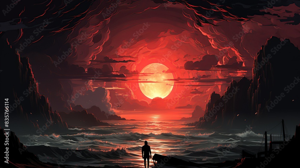 At the edge of a dark ocean under a full moon, the businessman stares ...